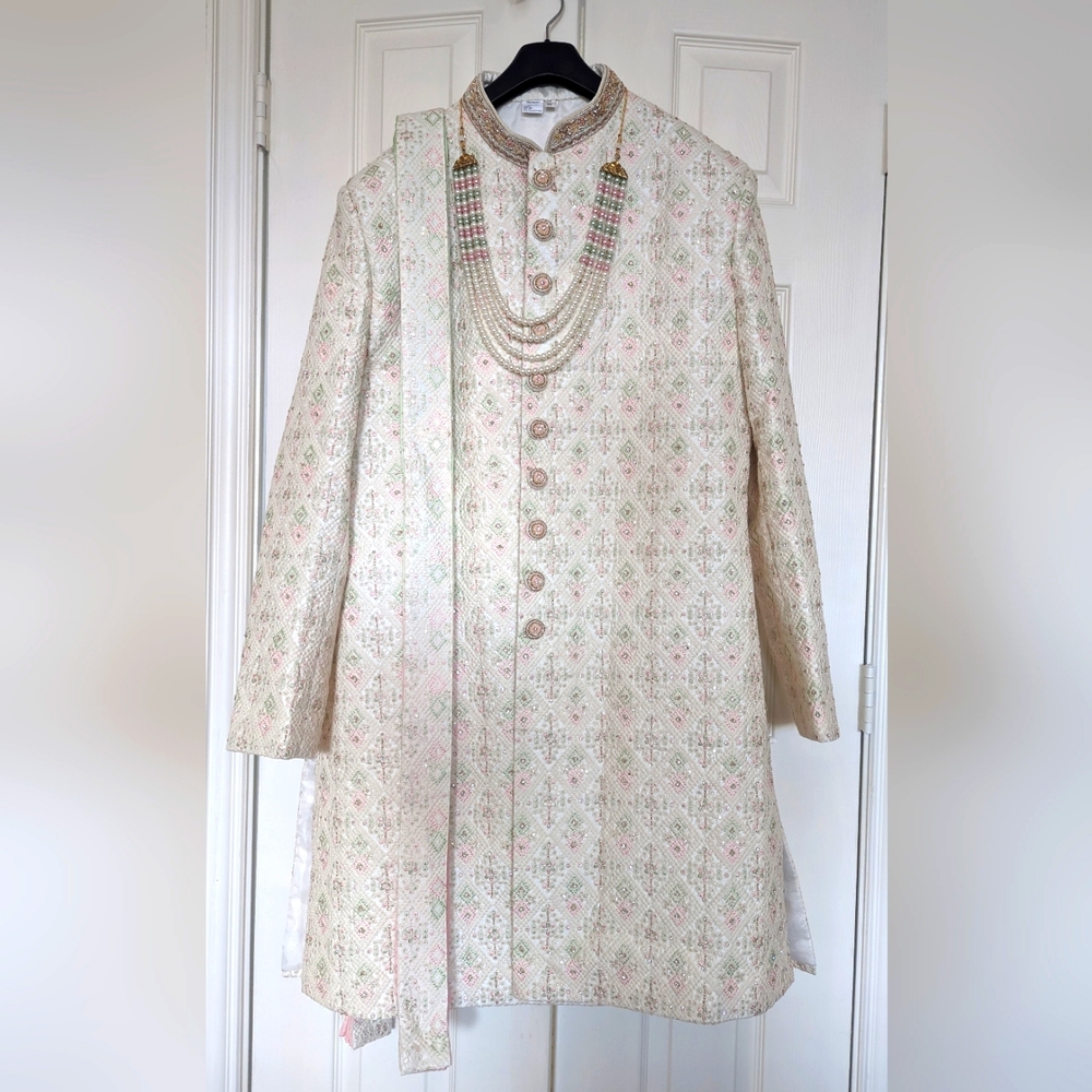 Wedding Sherwani Indian Groom Mint Pink Cream Mala Du… - Gem